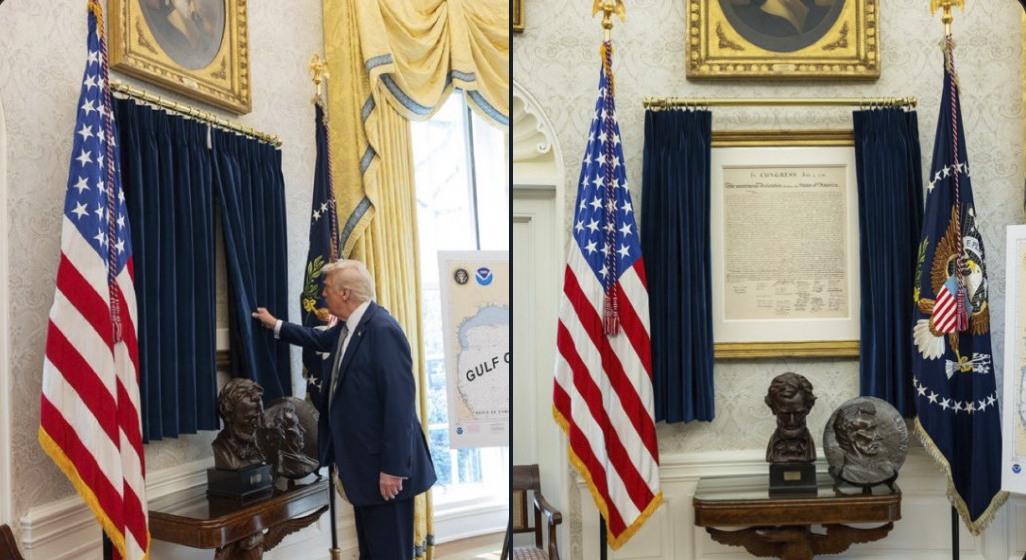 Trump hangs framed copy of Declaration of Independence in Oval Office ...