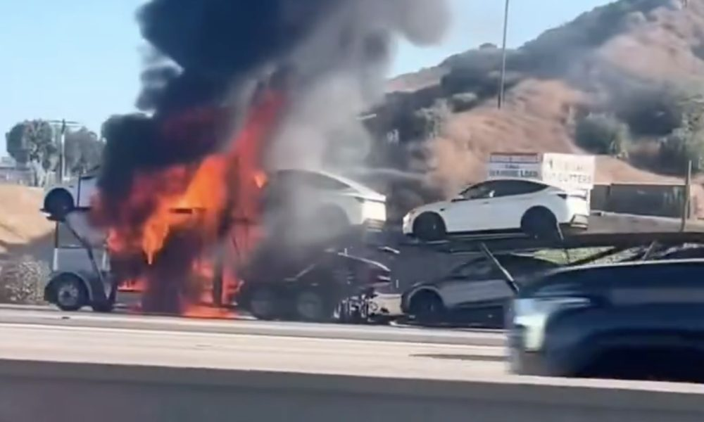 Six Tesla cars destroyed after vehicle-carrier catches fire on Los ...